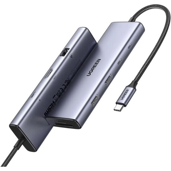 Хаб (разветвитель) Ugreen CM498 USB-C to 2хUSB3.0+2*USB-C, HDMI, RJ45, SD, TF, PD, серый (15375)