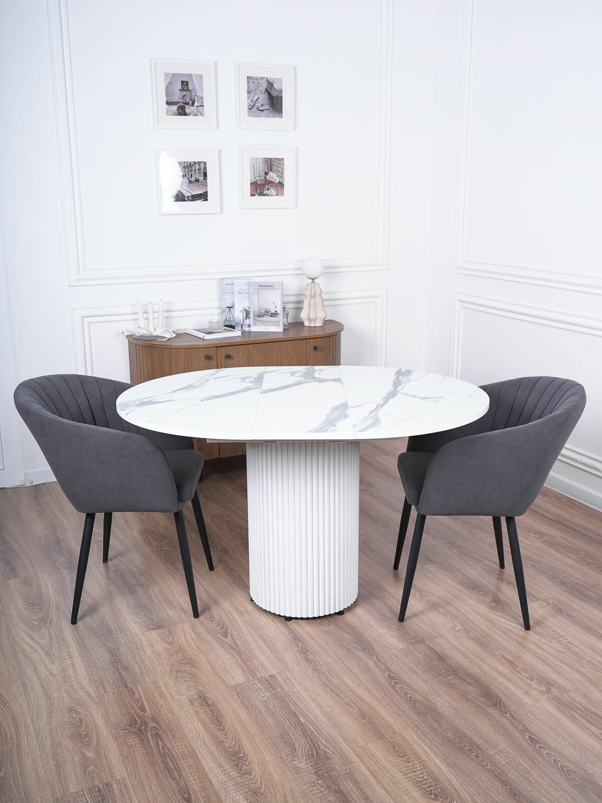 Стол кухонный раздвижной круглый Веста 100(130)х100см МраморБелый3027ОпБелая