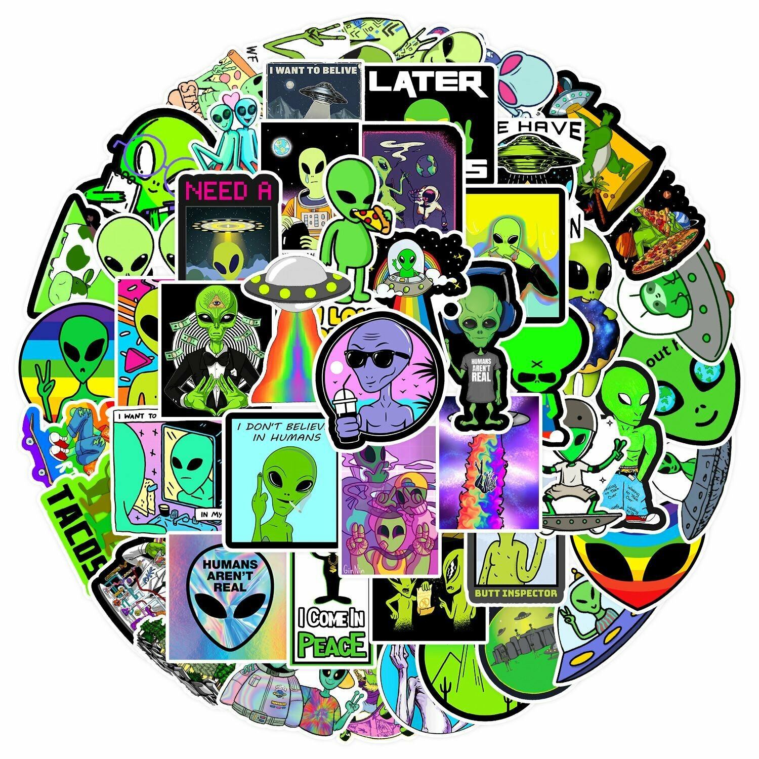 Набор 50 креативных рукодельных наклеек с изображениями инопланетян, ПВХ стикеры для декора, скрапбукинга и украшения блокнотов, чехлов и творческих проектов