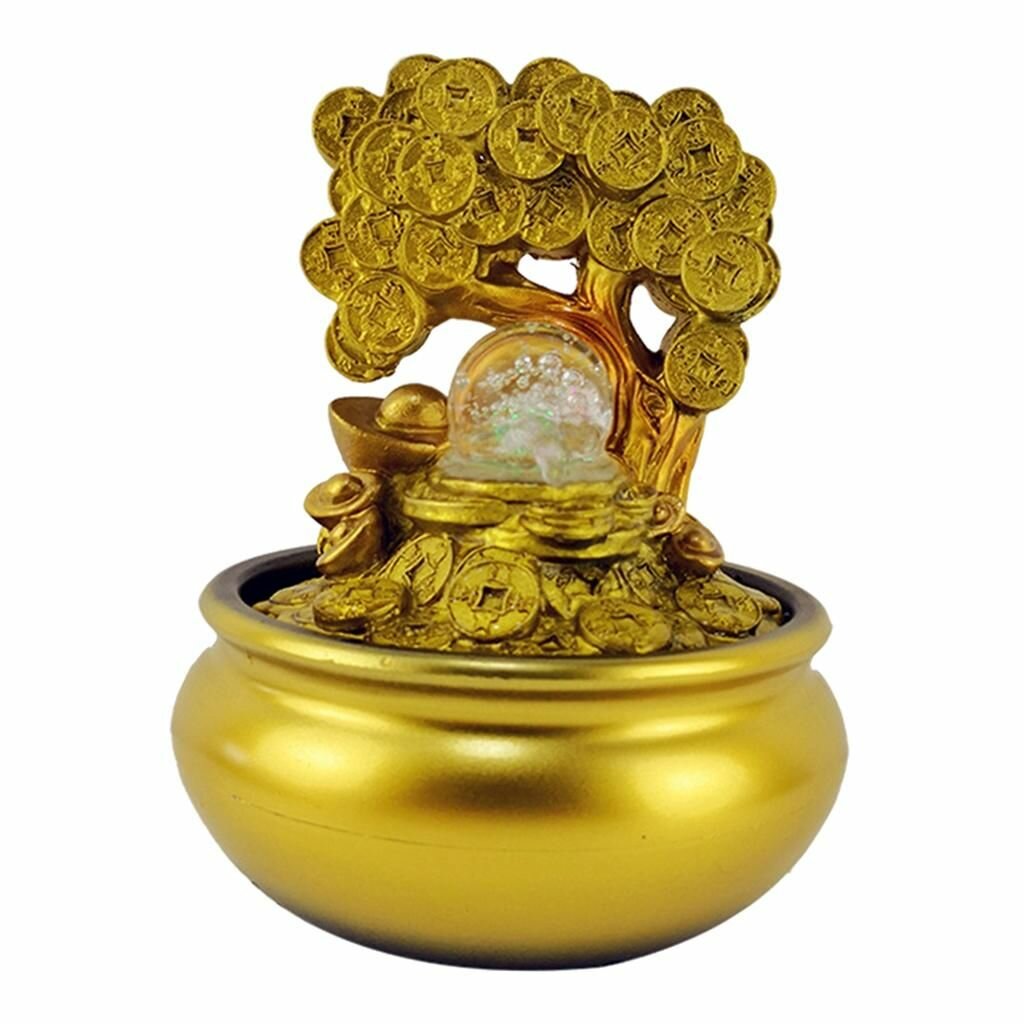 Денежное дерево статуэтка, фэншуй, настольный фонтан, золотистый, 16x21 см, с ЕС вилкой