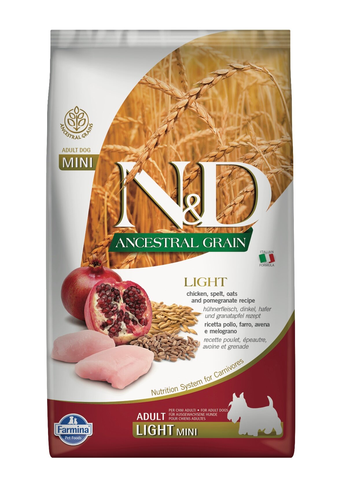 Корм сухой FARMINA ND ANCESTRAL GRAIN DOG LIGHT Chicken Pomegrante Adult MINI для взрослых собак мелких пород с курицей, контроль веса, 2,5кг