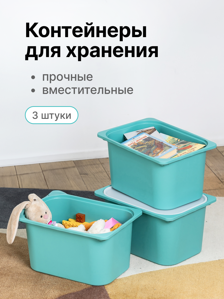 Контейнер для хранения Трофей, ящик для хранения пластиковый с крышкой, универсальный, 3 штуки/28 л, бирюзовый