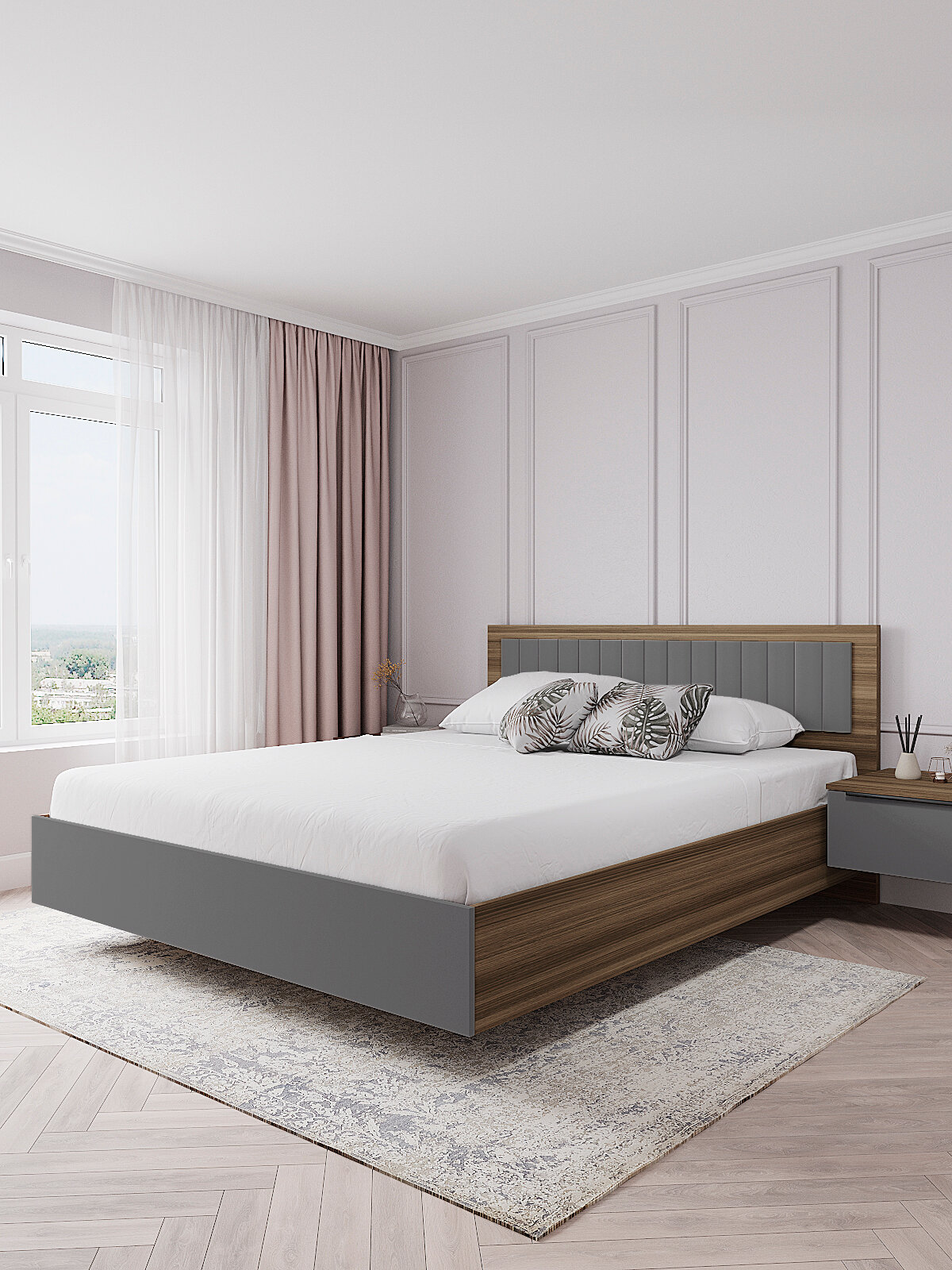 Кровать двуспальная Роза 160x200см, с подъемным механизмом, в спальню, с низким изножьем, графит скин