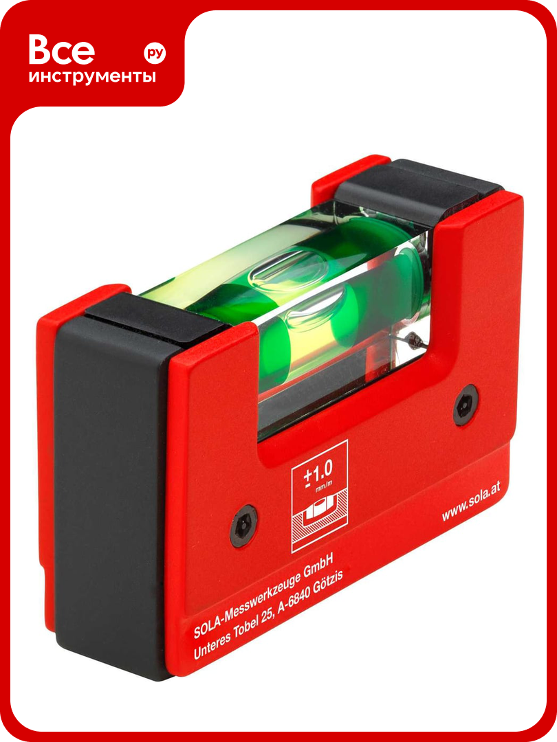 Компактный уровень SOLA GO! с клипсой, ∙ прочная блочная колба из акрилового стекла и 30 лет гарантии на герметичность