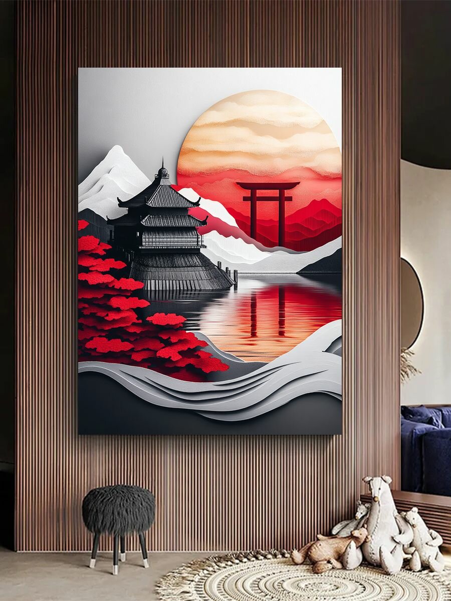 Картина интерьерная - "Пейзаж в японском стиле / гора Фудзи и сакура" , 40х60 см.