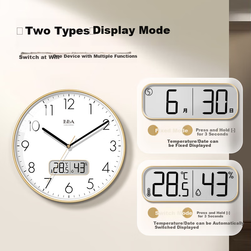 BBA Wall Clock Living Room Simple Wall-mounted Home Quartz Clock Temperature and Humidity Electronic Perpetual Calendar Clock Champagne Gold 30cm