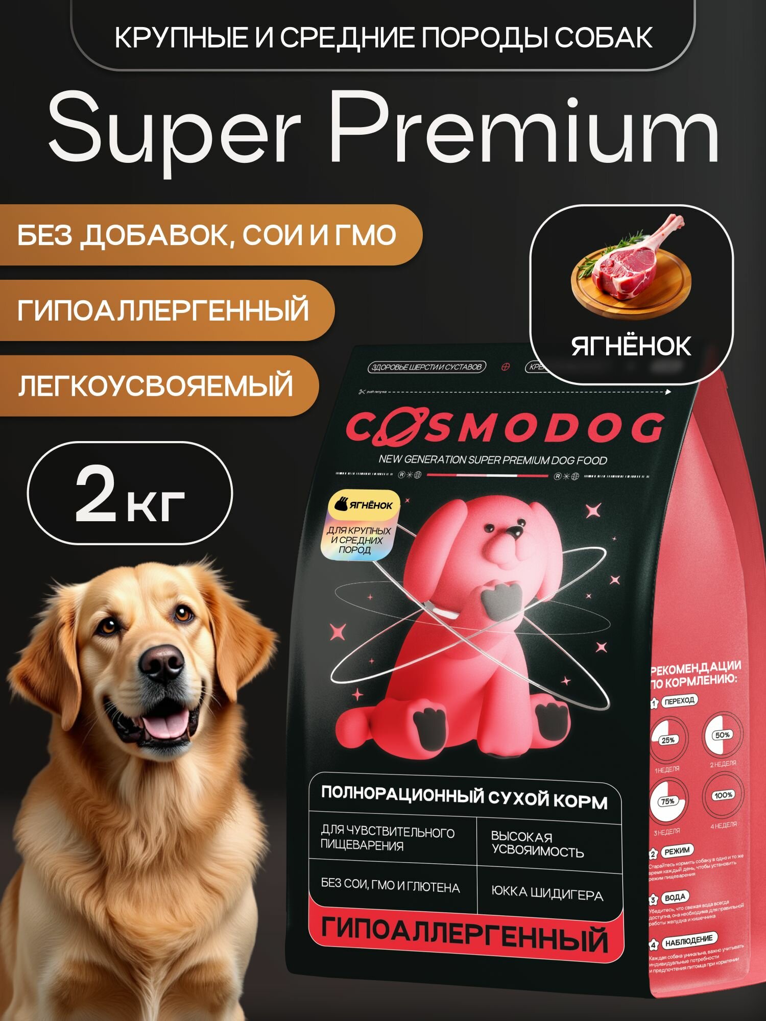 Корм для собак сухой с ягненком 2 кг Cosmodog гипоаллергенный холистик супер премиум-класса для крупных и средних пород