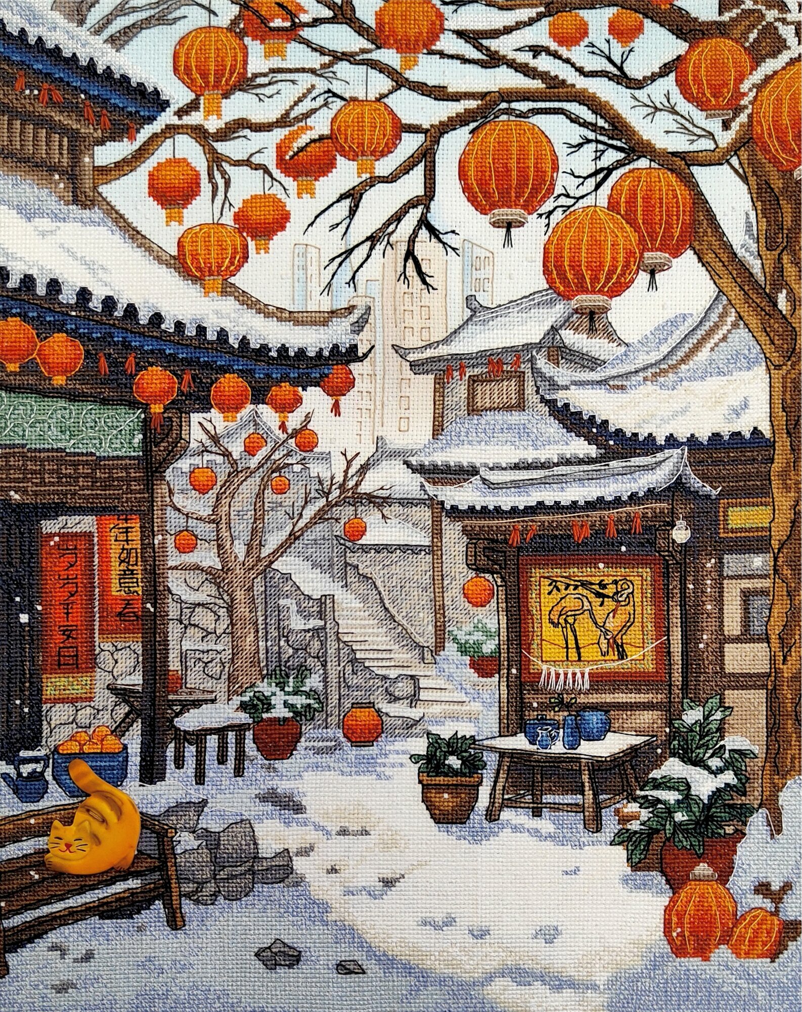 Набор для вышивания Золотые Ручки "Дворик с фонариками", Aida №18, 34x27 см, 28 цветов
