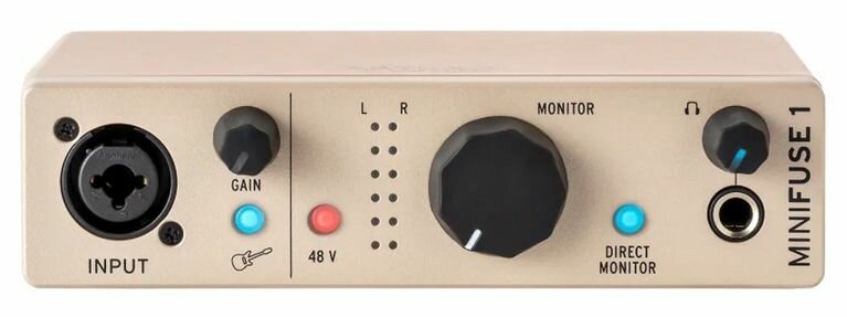 Аудиоинтерфейс USB [800121] Arturia [MiniFuse 1 Champagne] 24бит/192кГц, комбинированный разъем XLR и 6.3 мм для записи инструментов и вокала с фантомным питанием 48 В, выходы на монитор (L/R Jack), выход для наушников