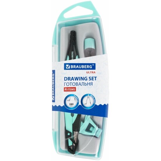 Готовальня Brauberg ULTRA, 4 предмета: циркуль 135 мм, запасной грифель, насадка, мятный цвет, 210824