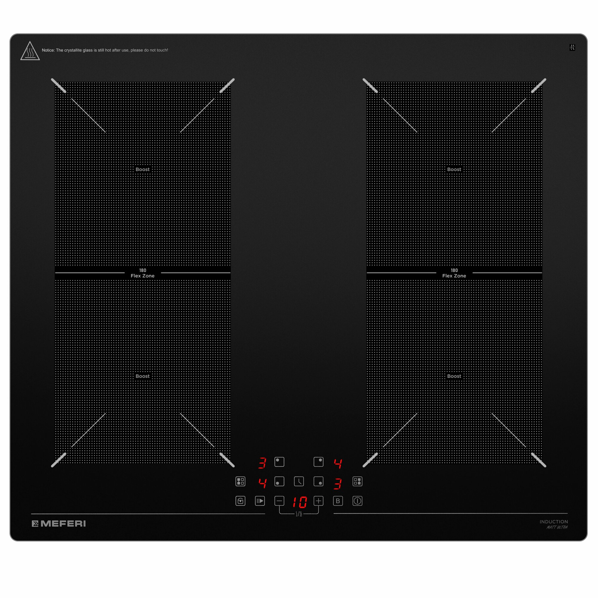 Индукционная варочная панель MEFERI MIH604BK MATT ULTRA 60 см, 4 конфорки, 7000 Вт, функция быстрого нагрева Boost, объединение конфорок Flex Zone, датчик посуды, 9 уровней мощности, матовое покрытие