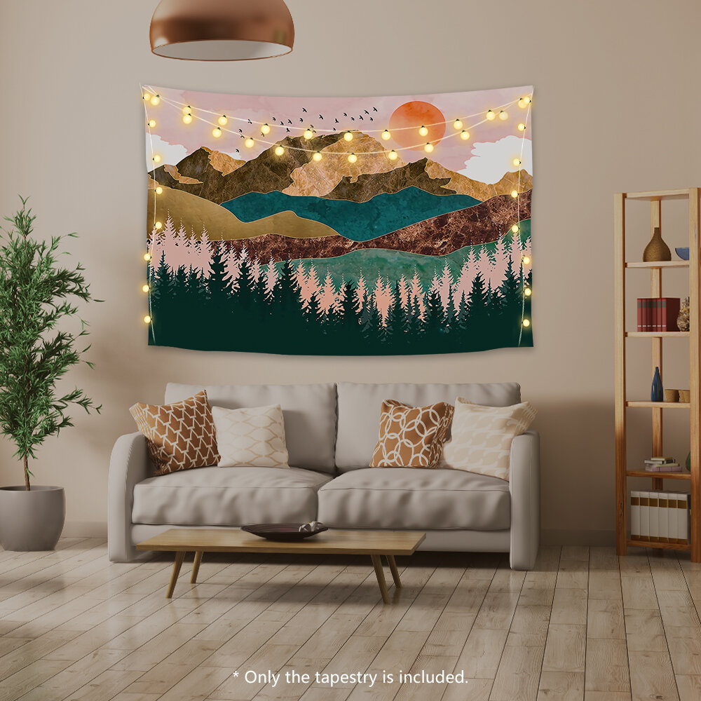 Тапestry для стены с пейзажем горного леса и деревьев на закате, размер 150 x 180cm/59 x 70.8inch, многоцветный, фланель, для спальни и гостиной, декоративное украшение, вес 220g/7.7oz