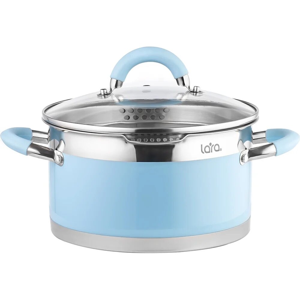 Кастрюля Lara серия SKY BLUE нержавеющая сталь, 9x16 см, 1.7 л, стальные ручки, капсул индукционное дно, слив крышка LR02-440