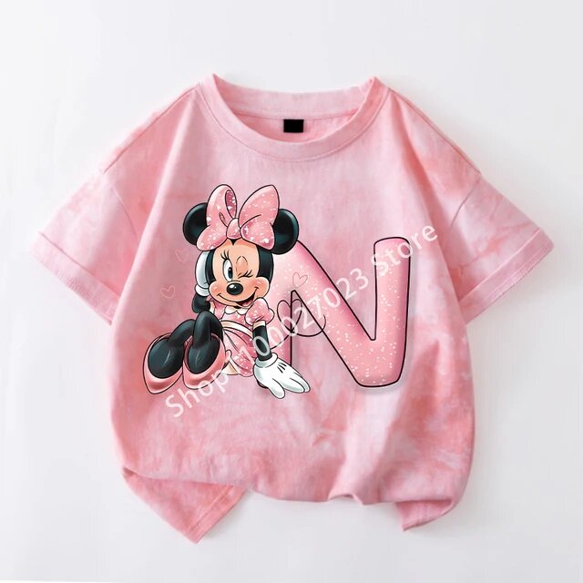 Футболка с короткими рукавами и принтом букв Минни Маус для мальчиков и девочек Диснея в стиле тай-дай. Футболка с круглым вырезом. Милые подарки для детей.