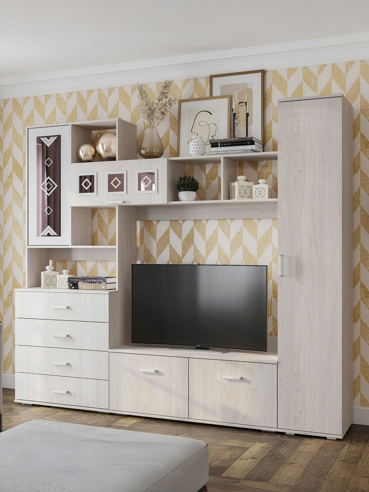 Гостиная комплект Белла, настенная полка, шкаф-пенал, тумба под ТВ, комод, 240х47х212 см, Белый ясень