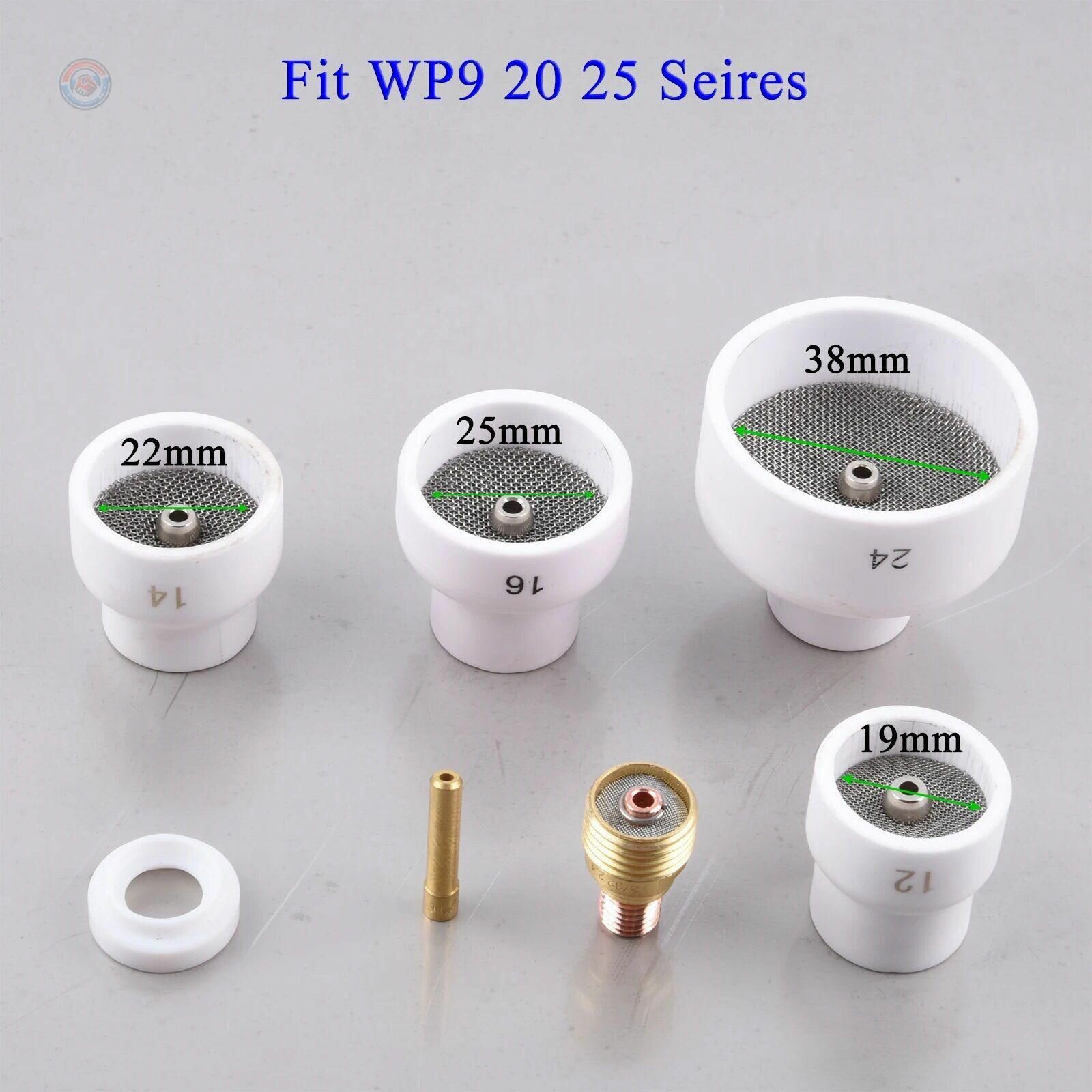 TIG комплект больших белых керамических насадок, чашек и сетчатого фильтра, цанговая газовая линза 2,4 мм для сварки WP9/20/25, набор для аргонодуговой сварки