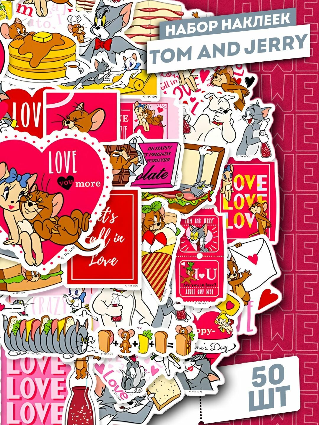 Набор самоклеящихся виниловых наклеек Tom and Jerry Love 50 шт