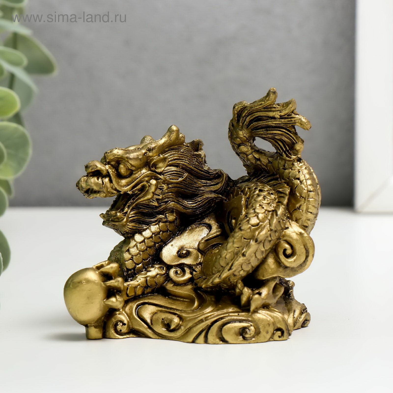 Нэцкэ фигурка "Дракон с шаром", полистоун, под бронзу, 7.8x7x4.5 см