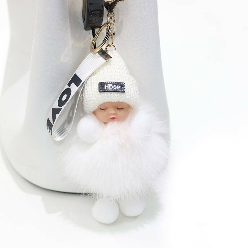 Premium quality fox fur pom pom charm with cute doll for eye-catching bag accessories