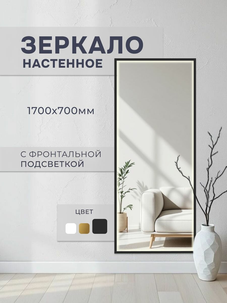 Настенное зеркало в полный рост с LED подсветкой в чёрной алюминиевой раме, 170х70см, DOORMEBEL