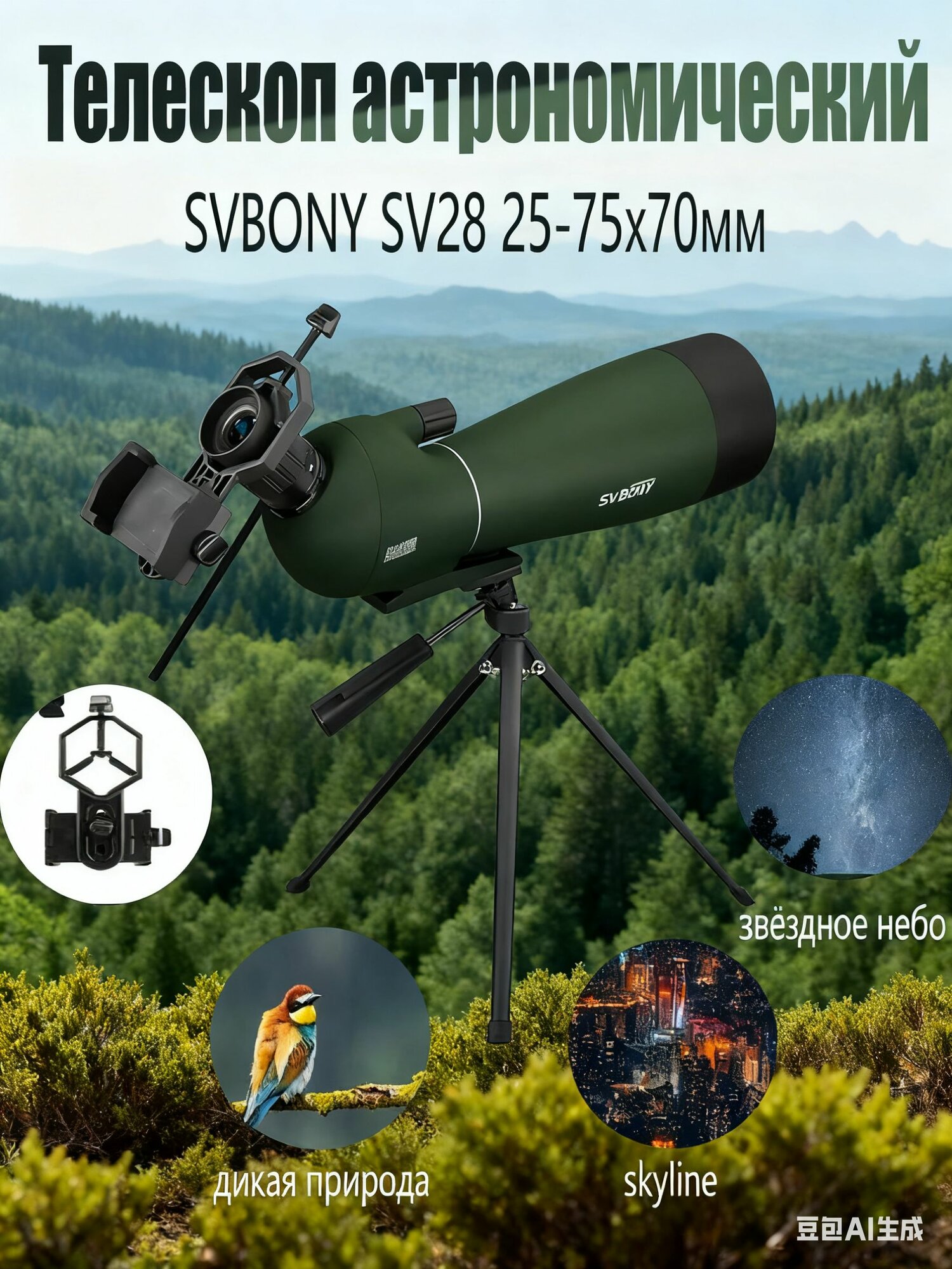 SVBONY SV28 25-75x70мм Зрительная Труба с Зумом с Настольным штвтивом и Держателем для телефона
