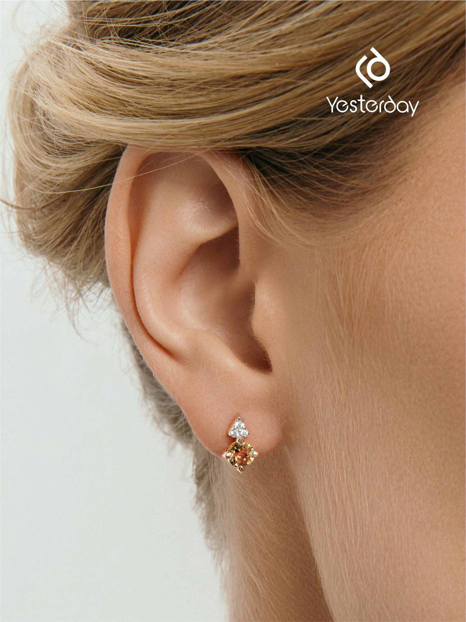 Серьги пусеты, красное золото, 585 проба, фианит, цитрин