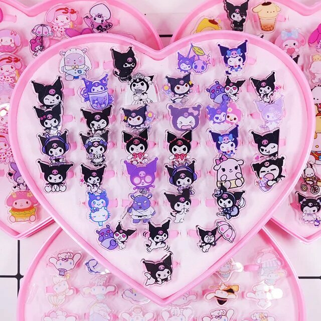 Набор из 36 колец Sanrio Hello Kitty для детей, регулируемые детские кольца, модные детские кольца с героями мультфильмов для девочек, подарочные коробки с сердечками на Рождество,