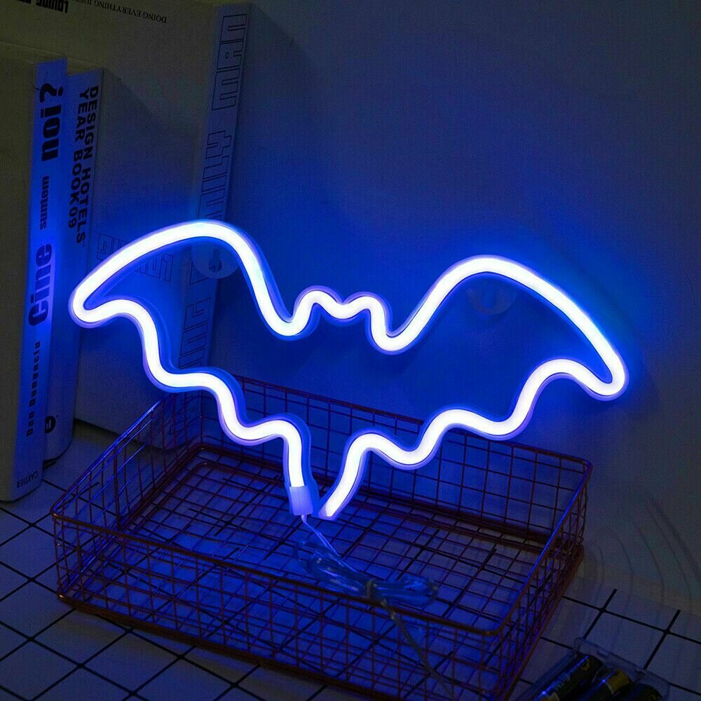 Неоновая вывеска на батарейках, настенный светильник, ночной художественный декор для детской спальни, рождественской домашней вечеринки,1, Синяя летучая мышь