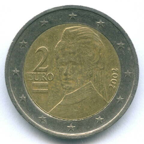 2 евро 2002 год. Австрия. Регулярный выпуск. Тип 1. Биметалл VF