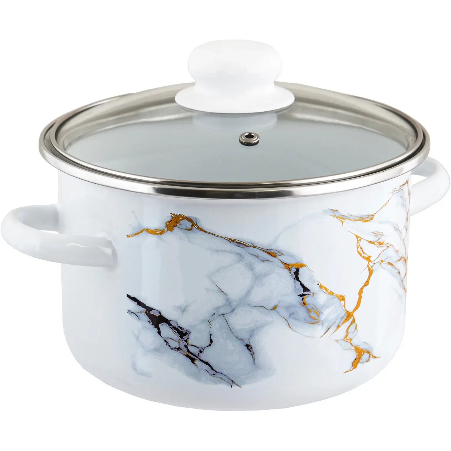 Кастрюля эмалированная цилиндрическая 4л "Marble", стеклянная крышка, узор мрамор