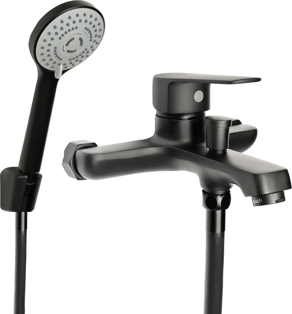 Смеситель для ванны с душем Orange Loop Loop M26-100B с душевым гарнитуром, настенный, однорычажный, черный, матовый, латунный, с керамическим картриджем