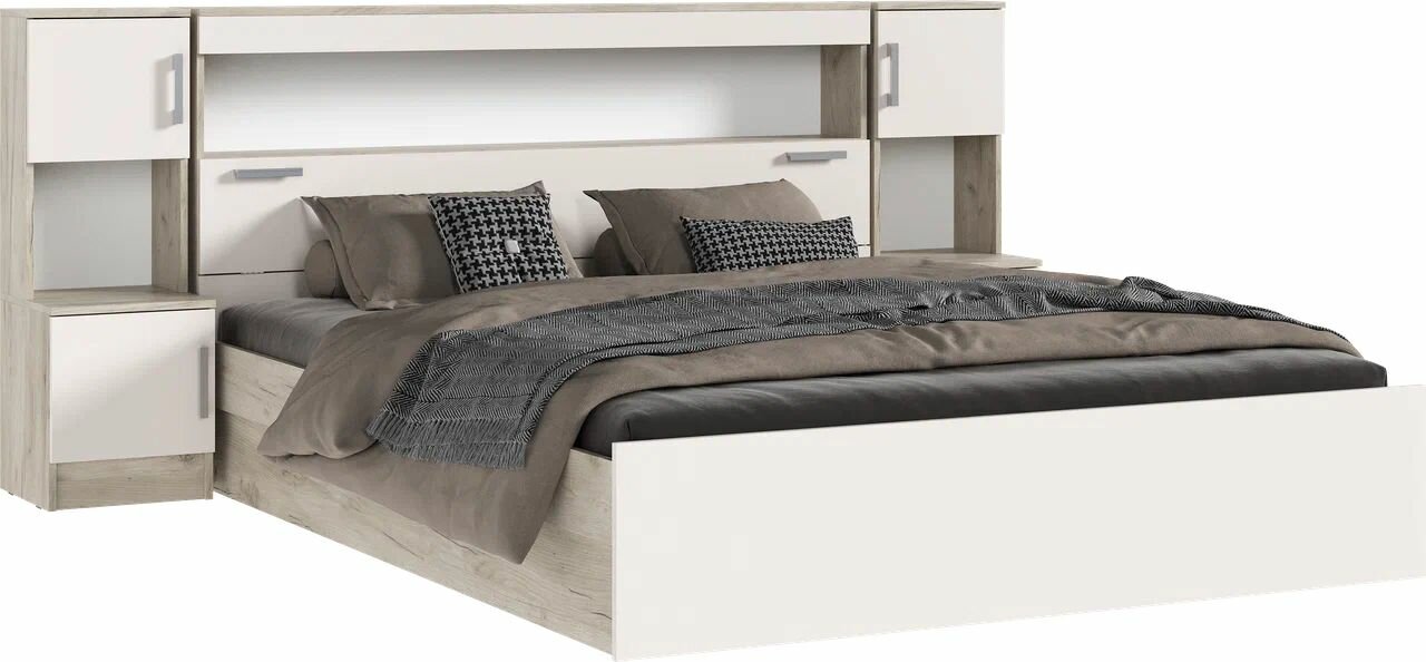 Бася Кровать 1,6м с надстройкой с тумбами (Кашемир, Дуб Крафт серый)
