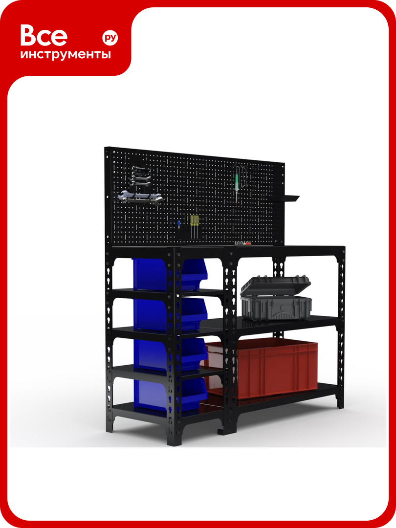 Стол-верстак ООО Металекс 950x1400x500 (с бок. полками, перфопанелью и комп. аксессуаров) чёрный / 117149, 5 мм