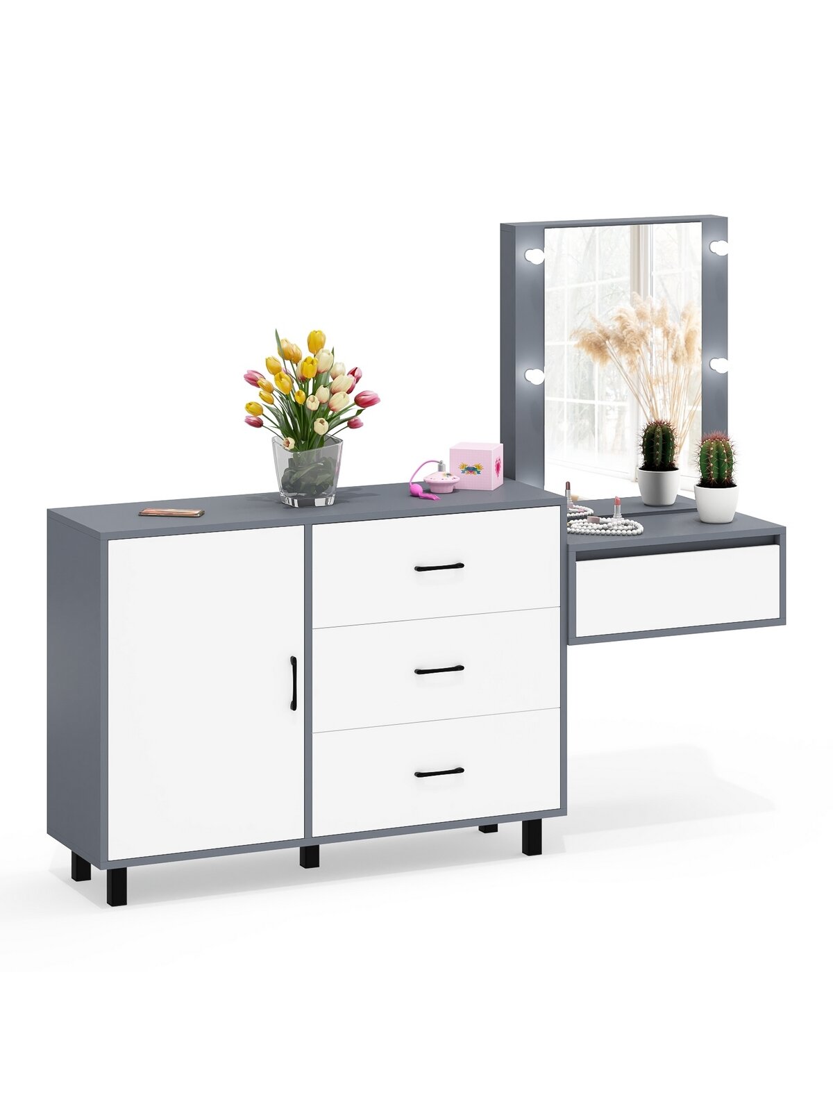 Комод с дверками и ящиками 122-1204 и косметический столик навесной с подсветкой, графит/белый, 181,4х38,4х150 см.