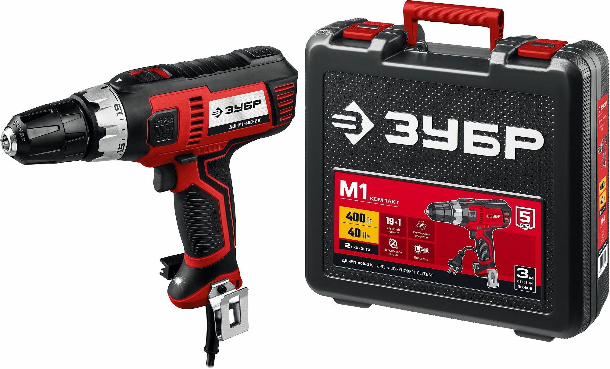 Сетевая дрель-шуруповерт ЗУБР 400 Вт, 40 Н м, кейс, 400 оборотов ДШ-М1-400-2 К