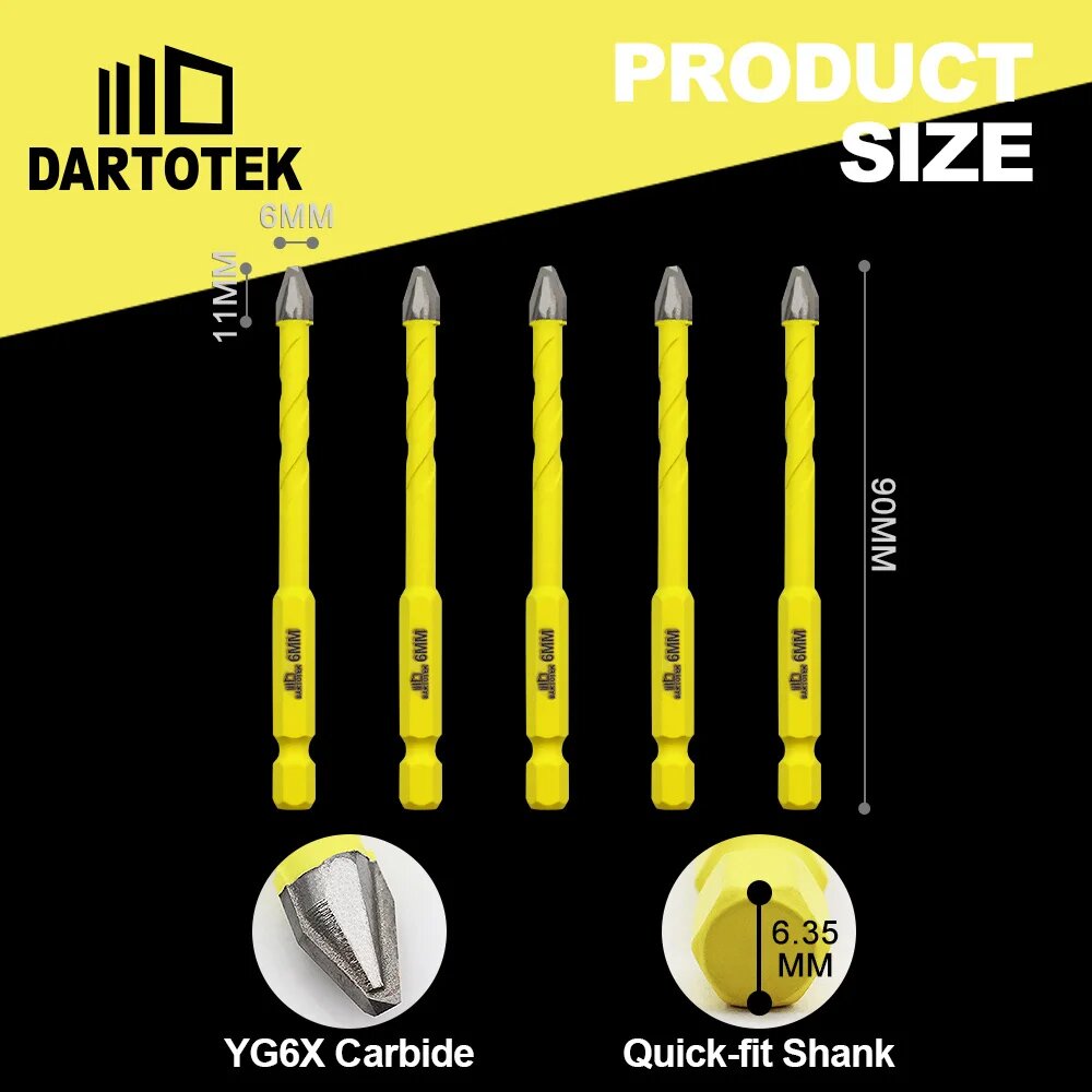 DARTOTEK 5 шт. набор сверл 5/6/8/10/12 мм спиральное твердосплавное сверло для дерева, пластика, кладки, бетона, плитки, открывалка для кольцевой пилы