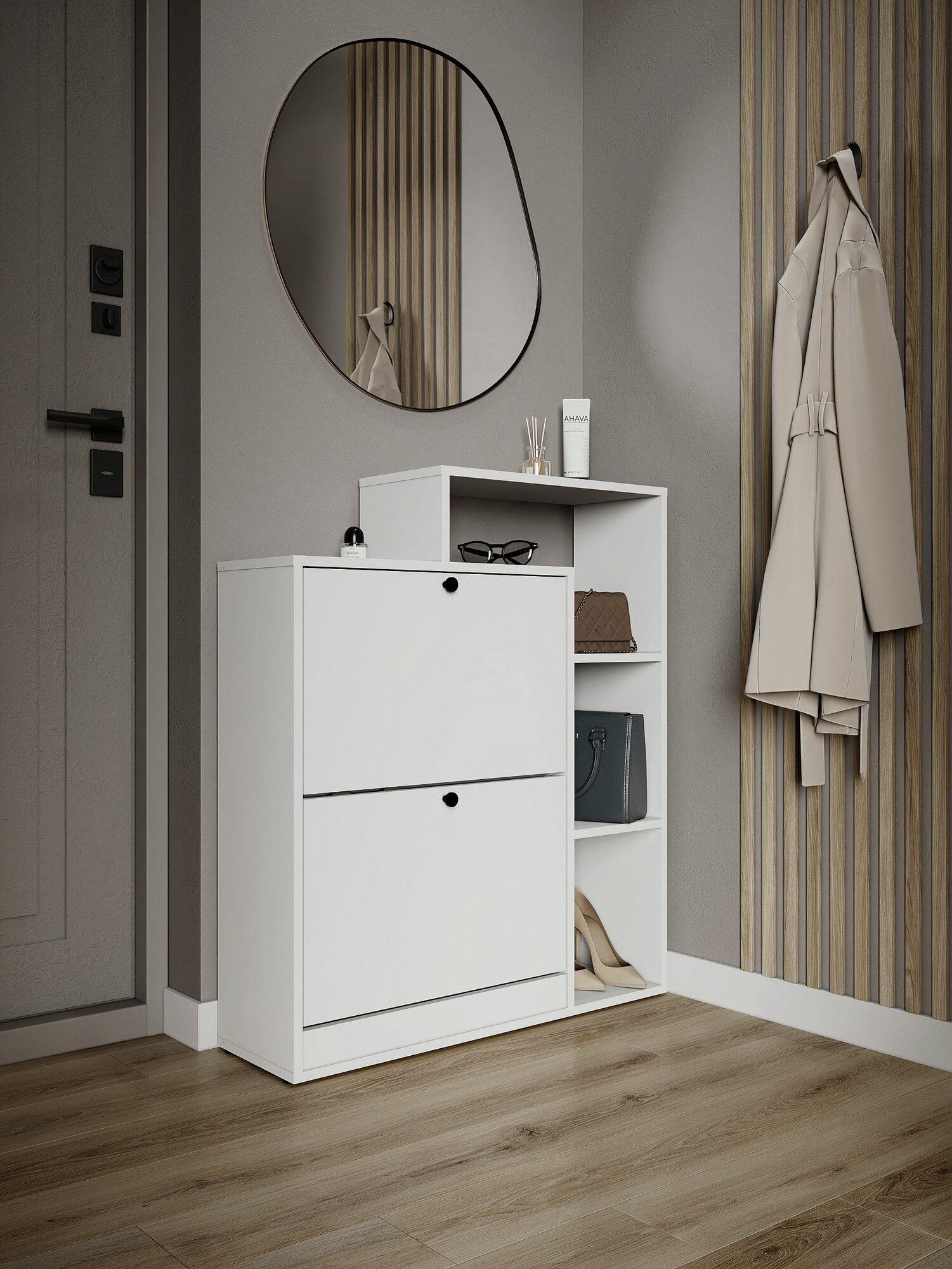 Обувница для прихожей, полка для обуви закрытая, Унга, Белый, (ШхВ. Г) 85х100х25 см