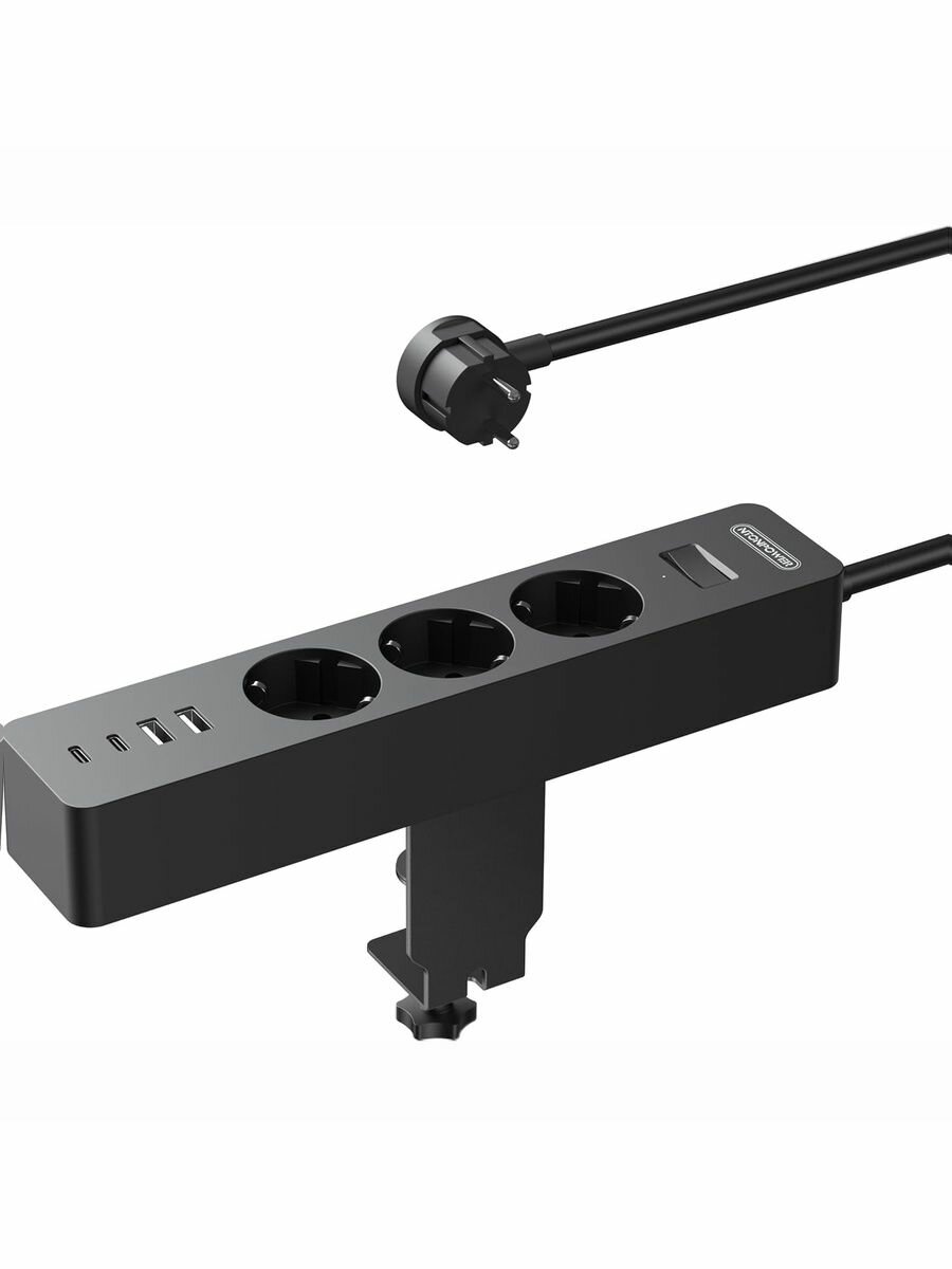 Сетевой фильтр с выключателем NTONPOWER с креплением, 3розеток 2USB-А 2USB-C 2м 2500Вт, вел, перегрузки заземление защита для офиса дома