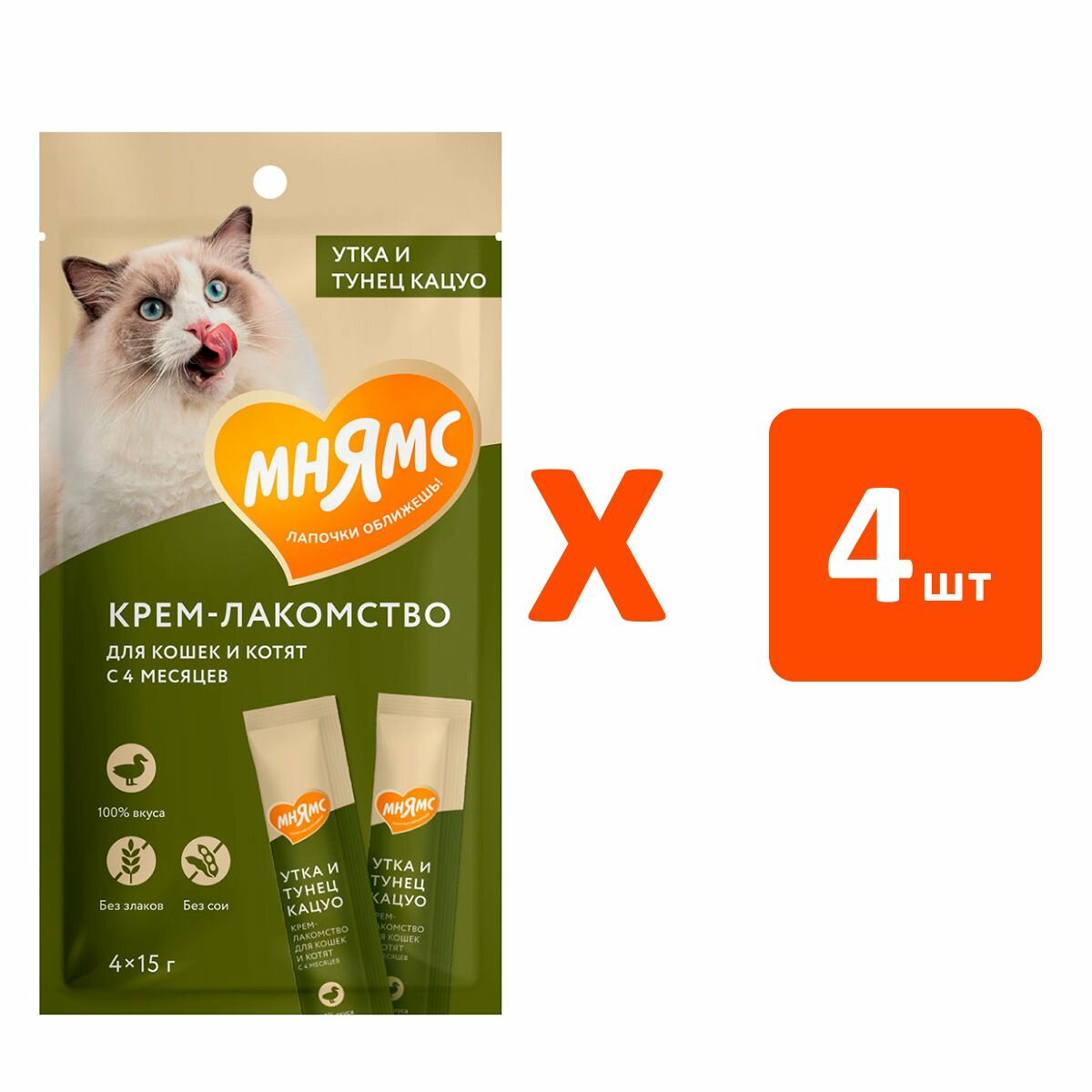 Лакомство Мнямс для кошек крем с уткой и тунцом Кацуо, 60 гр 4 шт