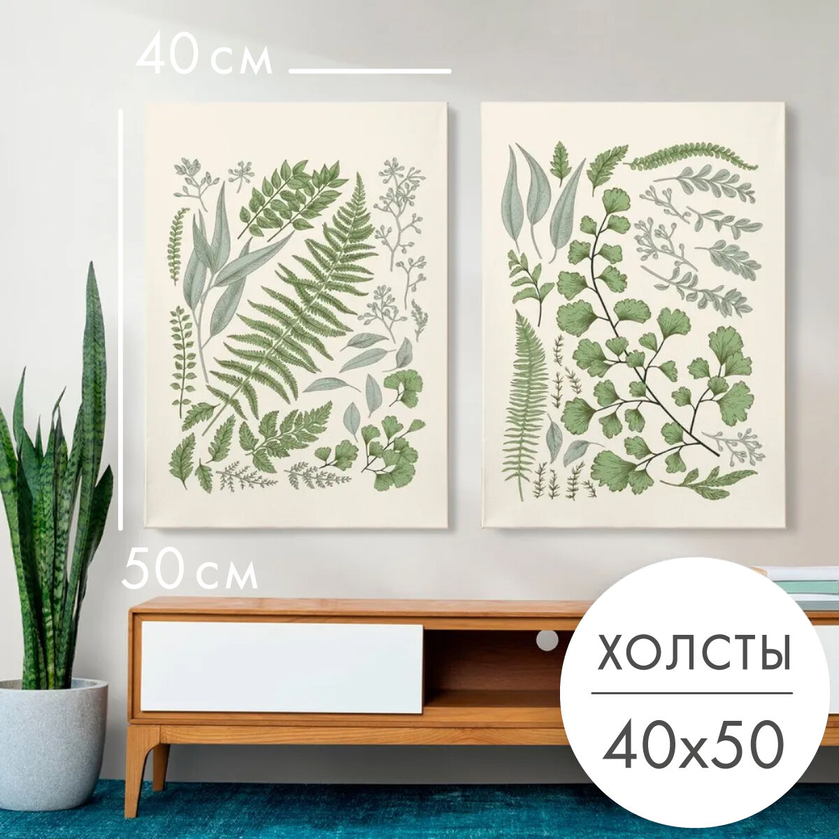 Картины на холсте 2 шт "Растения ретро иллюстрация" 40x50 на стену для интерьера, набор картин