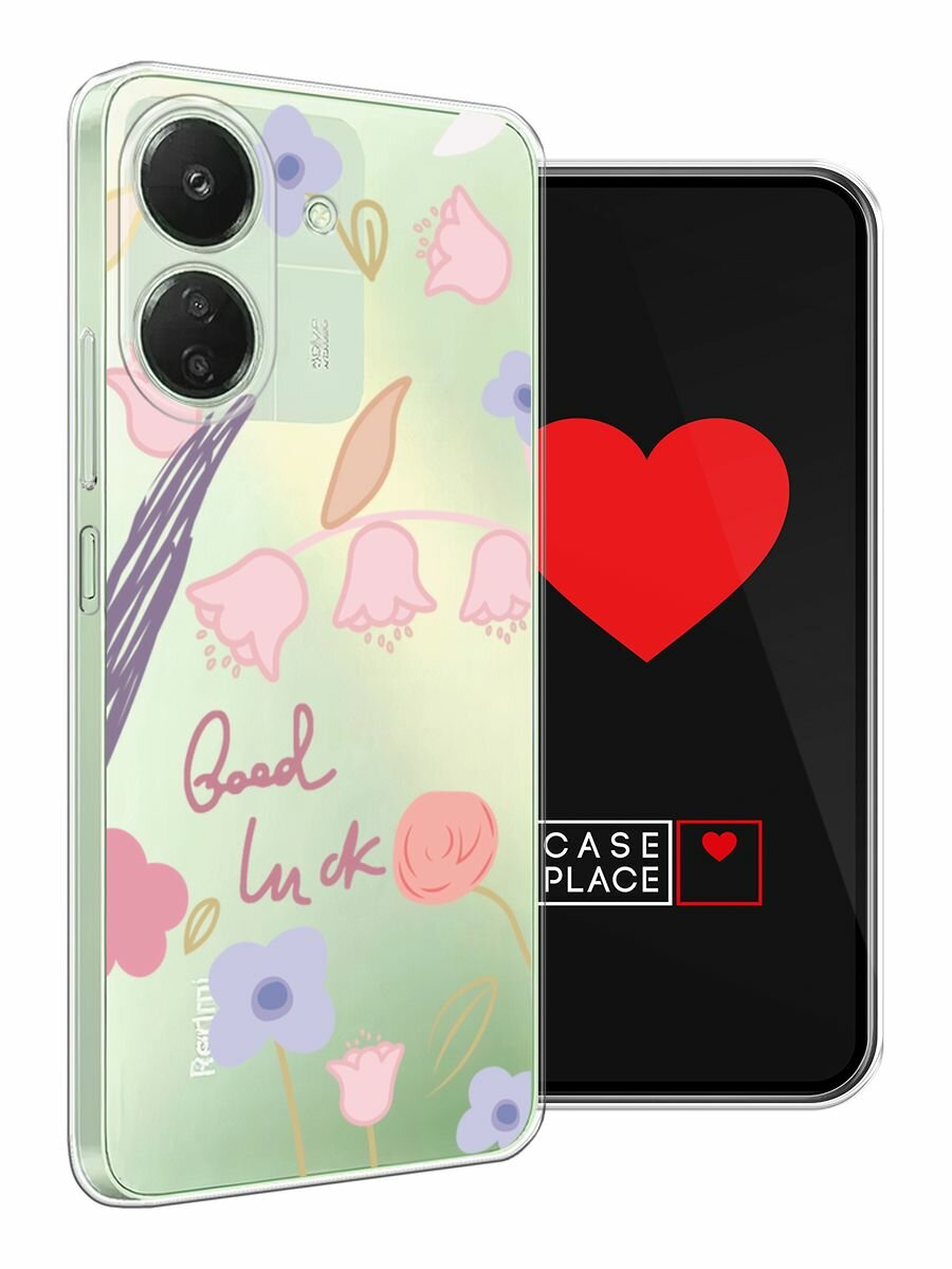 Чехол на Xiaomi Redmi 13C/Poco C65 / Сяоми Редми 13C/Поко С65 с принтом "Lucky flowers", прозрачный — фото 1