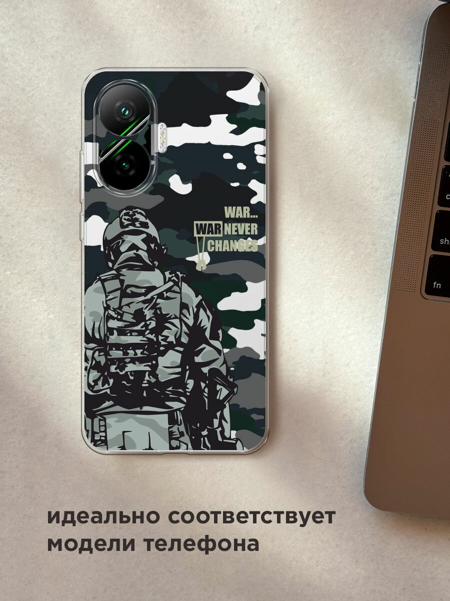 Чехол на Poco F7 / Поко F7 с принтом "Камуфляж и солдат", прозрачный — фото 1