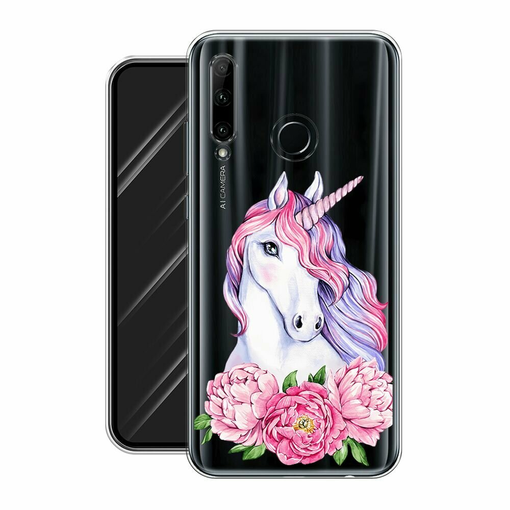 Чехол на Honor 10i/20 Lite 2019/20e/Huawei P Smart Plus 2019 / Хонор 10i с принтом "Единорог с пионами", прозрачный — фото 1