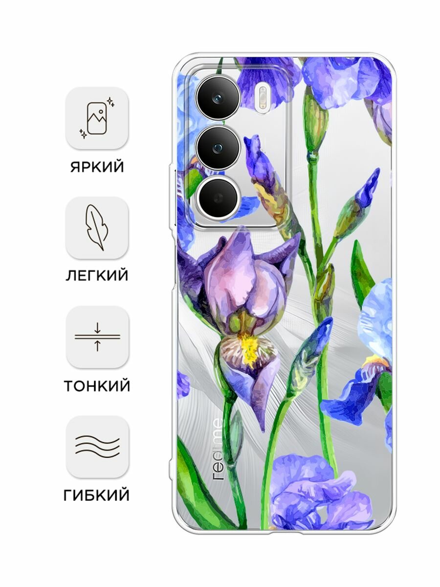 Чехол на Realme C71/P3 Lite 4G / Реалми С71/P3 Лайт 4G с принтом "Синие ирисы", прозрачный — фото 1