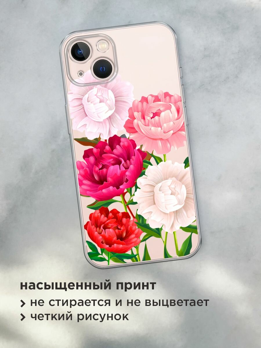 Чехол на Apple iPhone 13 / Айфон 13 с принтом "Большие пионы", прозрачный — фото 1