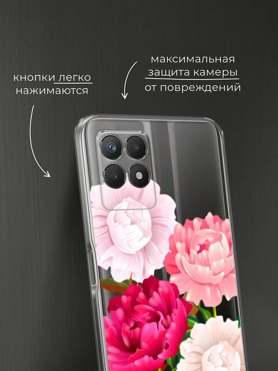 Чехол на Realme 8i / Реалми 8i с принтом "Большие пионы", прозрачный — фото 1