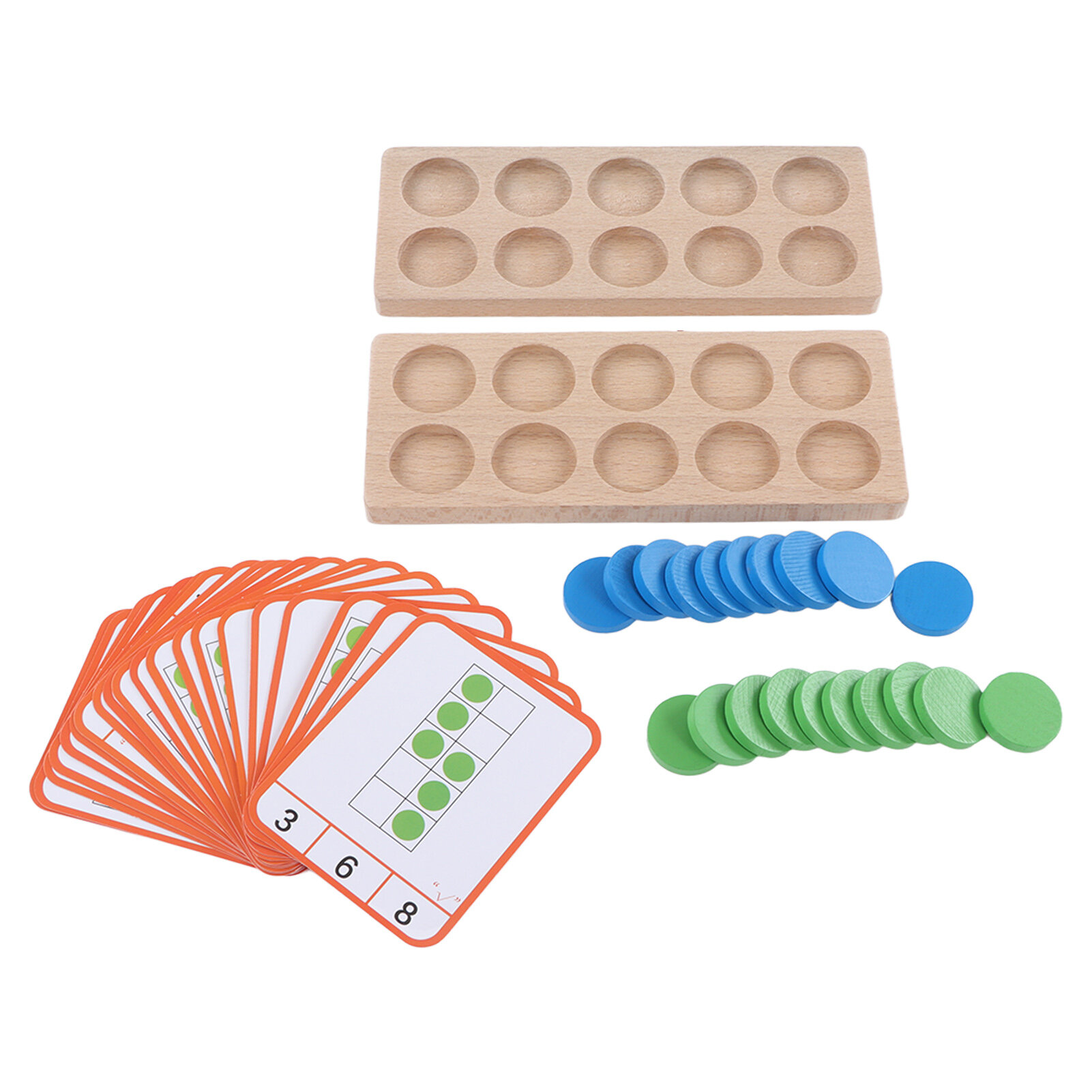 Математическая игрушка с десятью рамками. Материал липы. Обогащает числовые знания. 20x8x1 см. Зеленый, синий бревенчатый блок. Развивающая игрушка.