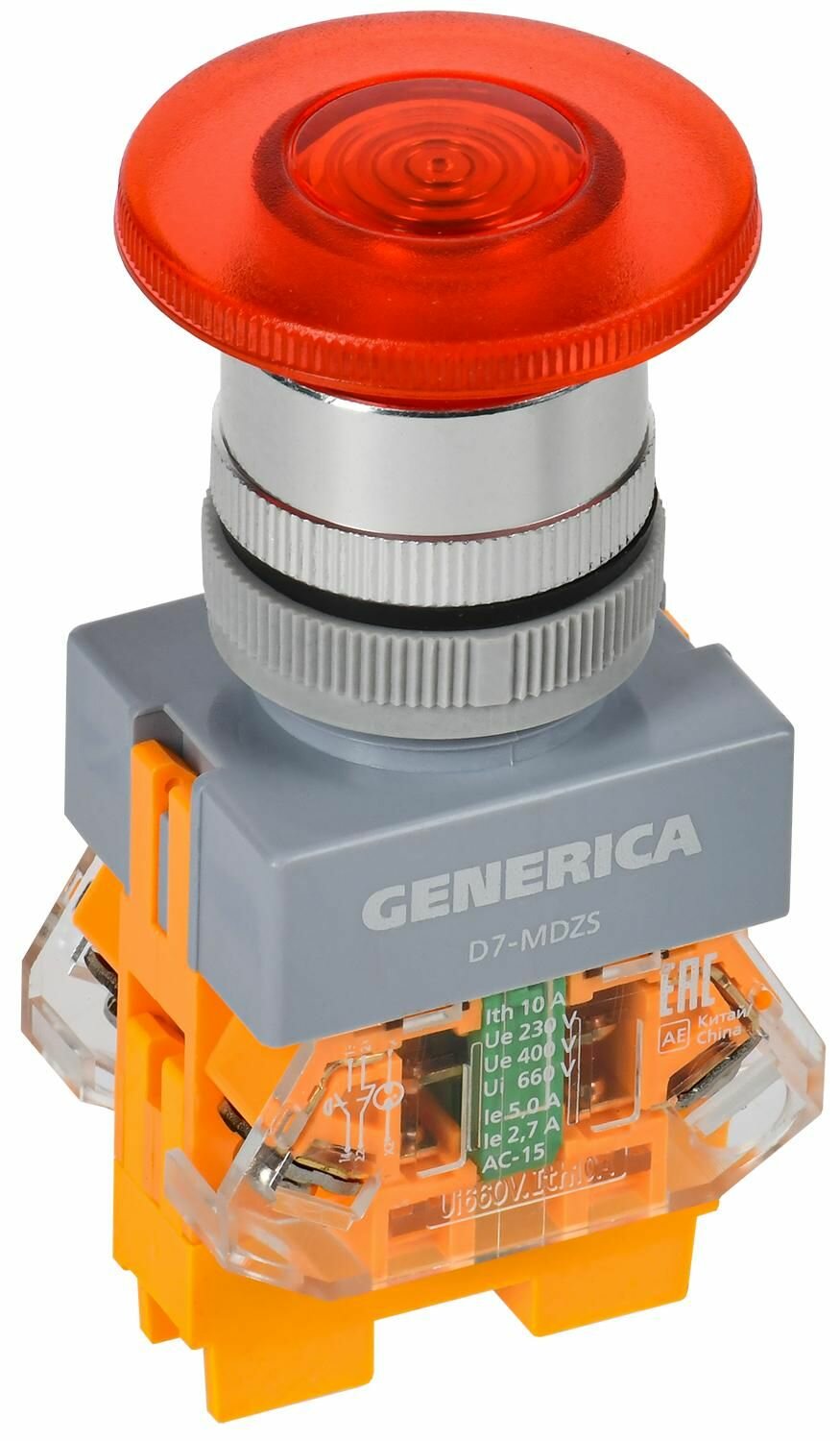 Кнопочный пост IEK GENERICA, грибок, диаметр 22 мм, 1 замыкающий, 1 размыкающий контакт, подсветка, красный