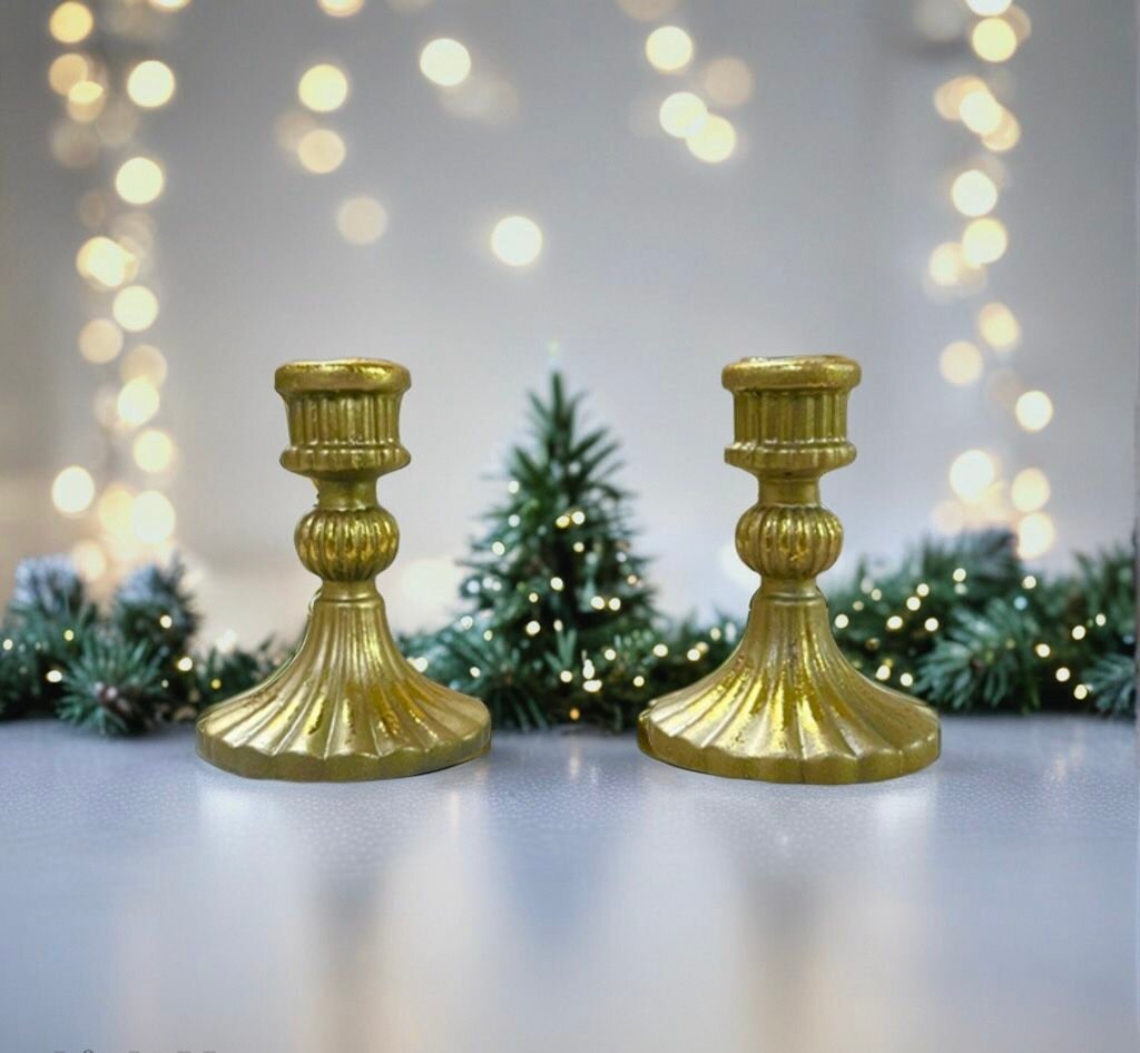 Подсвечник литьевой мрамор "Вуаль" (набор из 2х шт) H-10,5 см D-7,5 см Цвет: Бронза с позолотой