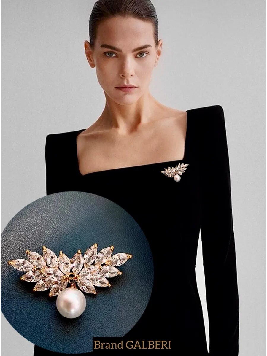 Брошь, жемчуг имитация, кристалл, стразы